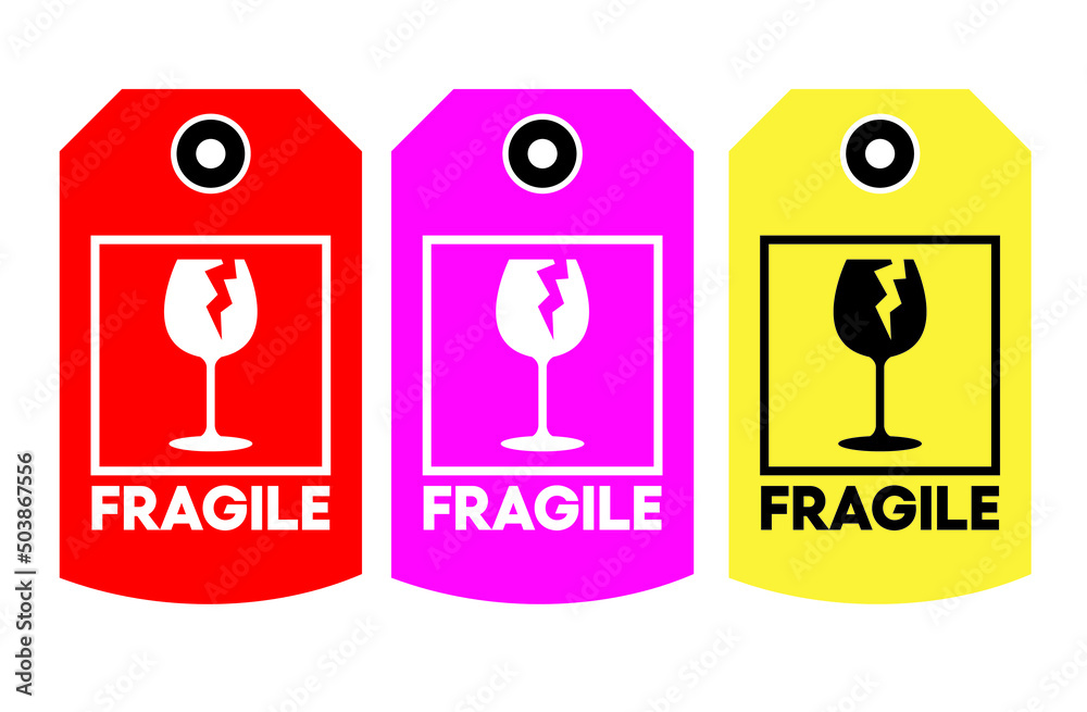 fragile with pictogram breaking glass tag in red pink and yellow can be ...
