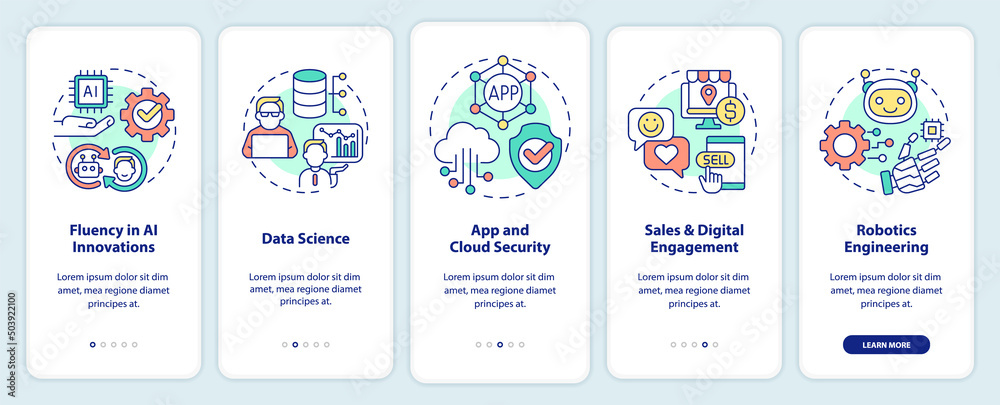 Trendy digital skills onboarding mobile app screen. Data science walkthrough 5 steps graphic ...