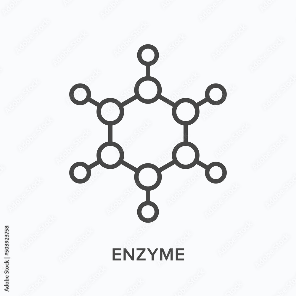 Enzyme flat line icon. Vector outline illustration of molecule. Black ...