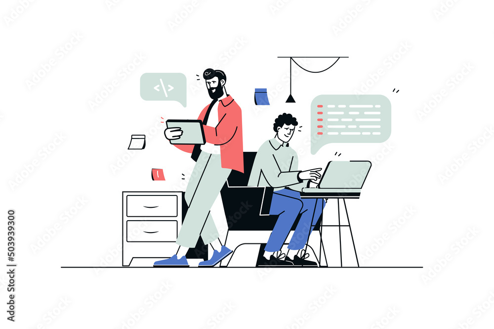 Software developers concept in flat line design. Man programmers work with code in office ...