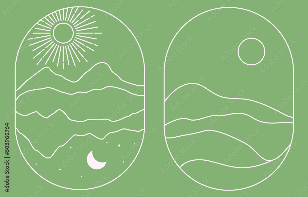 Linear landscapes in boho style. Bohemian logos: desert, mountains ...