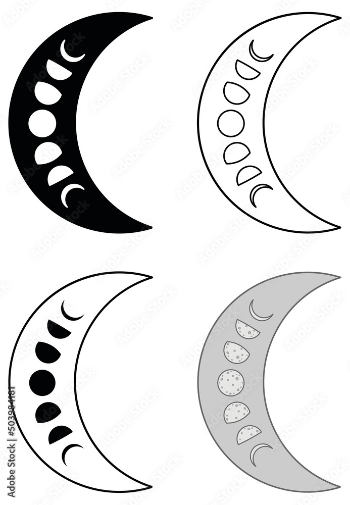 Moon Design with Lunar Phases Clipart Set 2 - Outline, Silhouette and ...