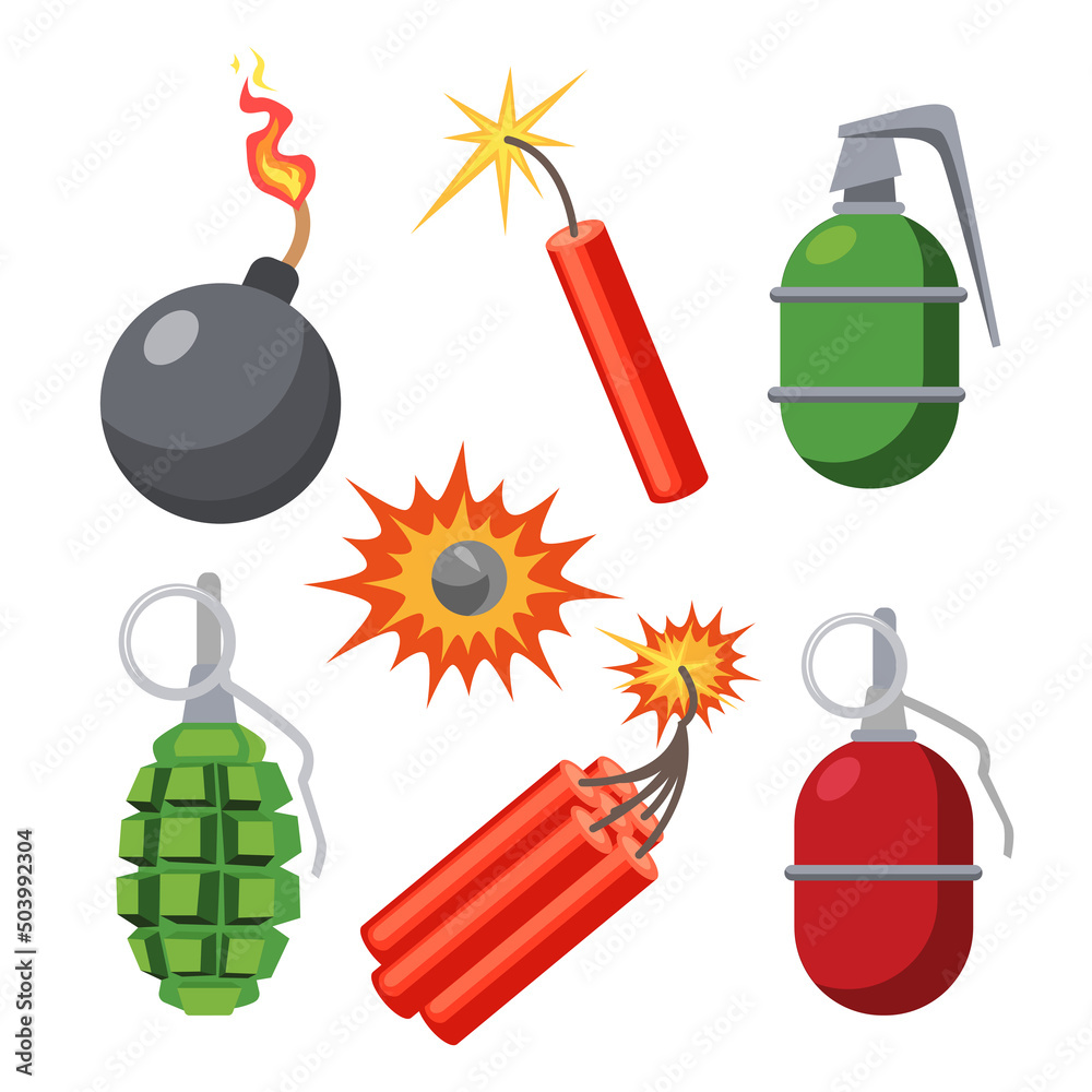 Vector de Stock Different bombs and grenades vector illustrations set ...