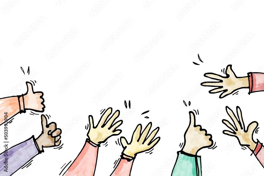 Hand drawn of thumbs up, hands up clapping ovation, applause gesture ...