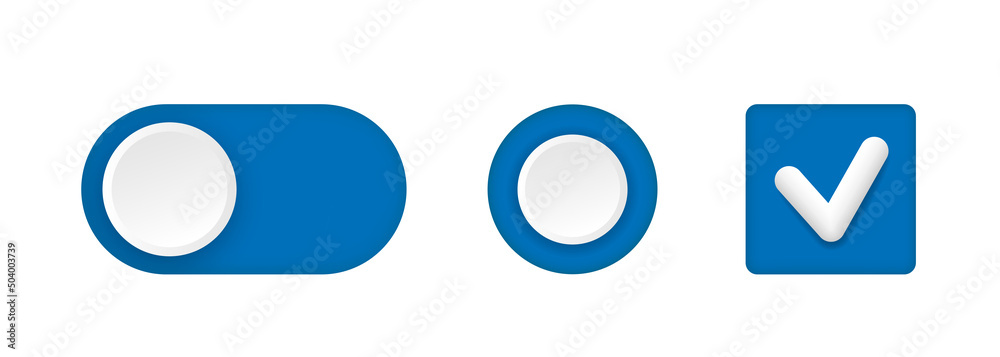 User interface design elements. Toggle button, Radio button and Checkbox. Vector set isolated on ...