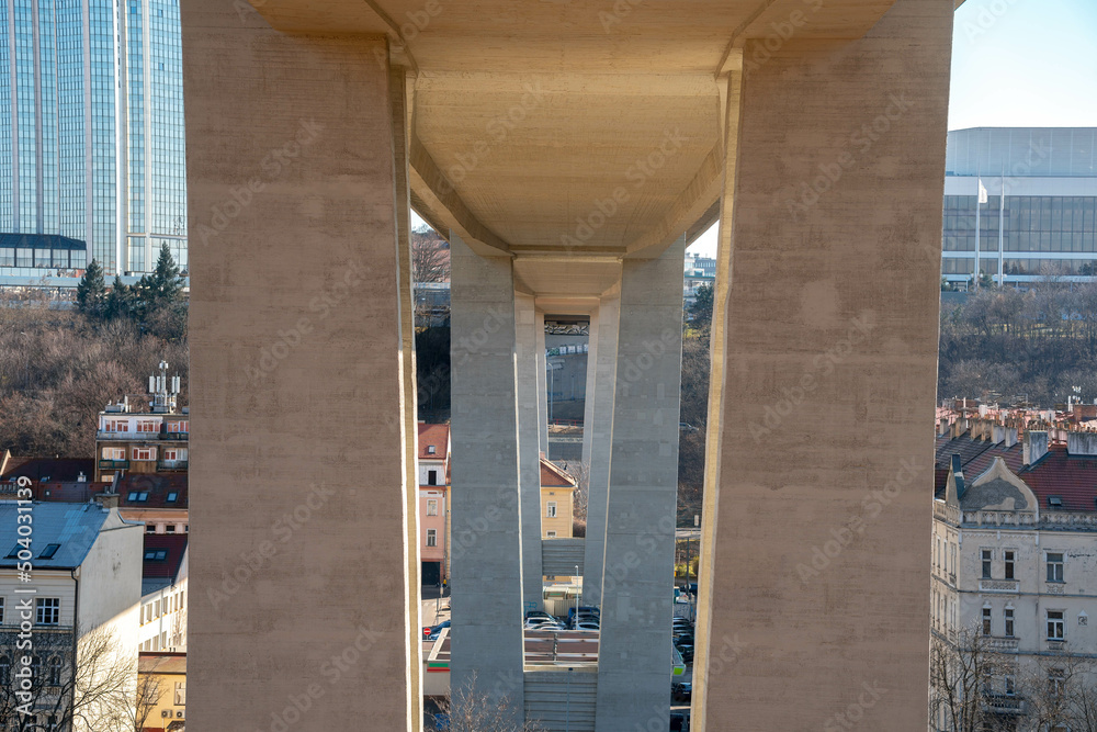 Nusle Bridge (Nuselsky most) prestressed concrete viaduct standing high ...