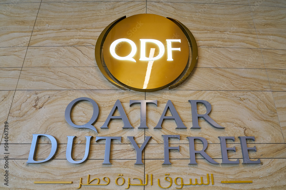 DOHA, QATAR - CIRCA MAY, 2017: Qatar Duty Free sign at Hamad ...