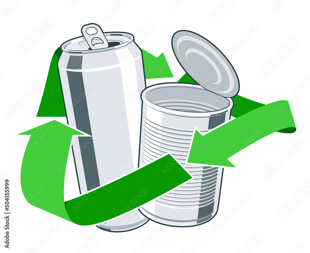 Green recycling symbol with metal can and tin inside. Concept of waste ...