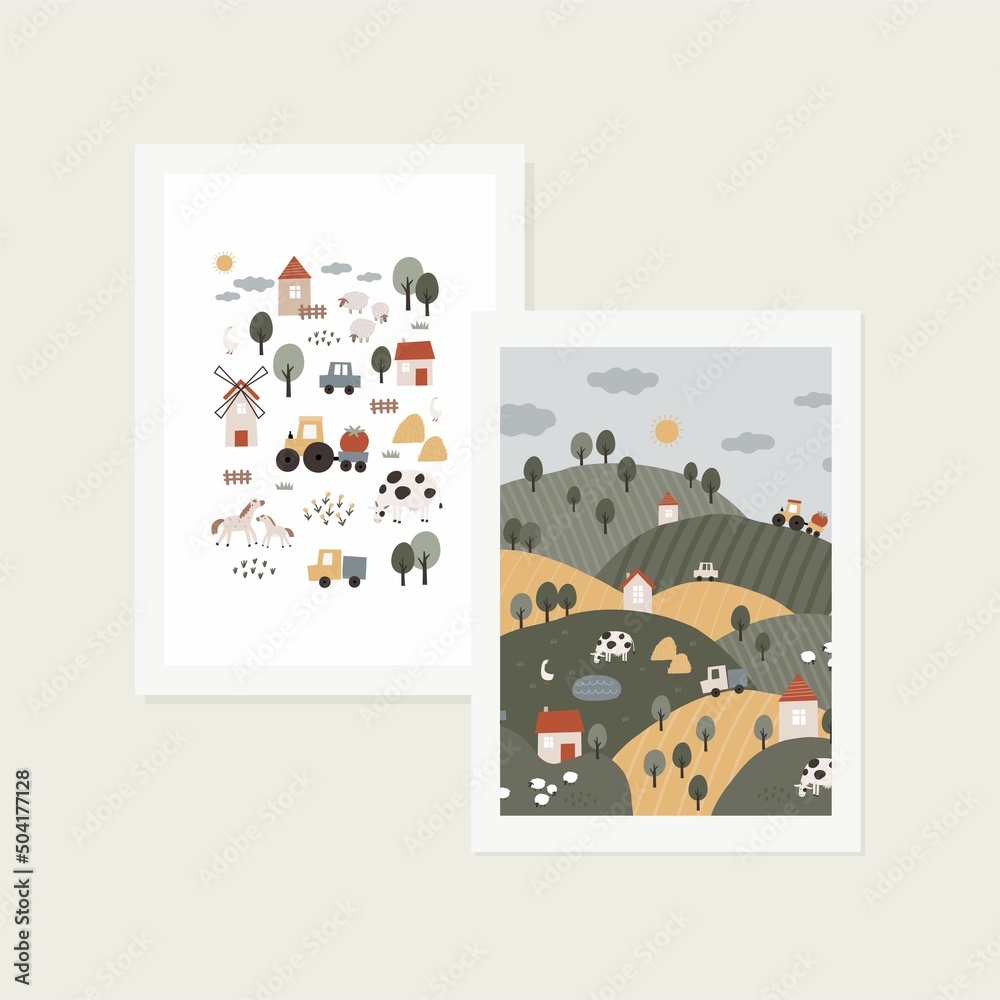 Cute Farm colorful poster. Hand drawn vector boho animals, three, house ...