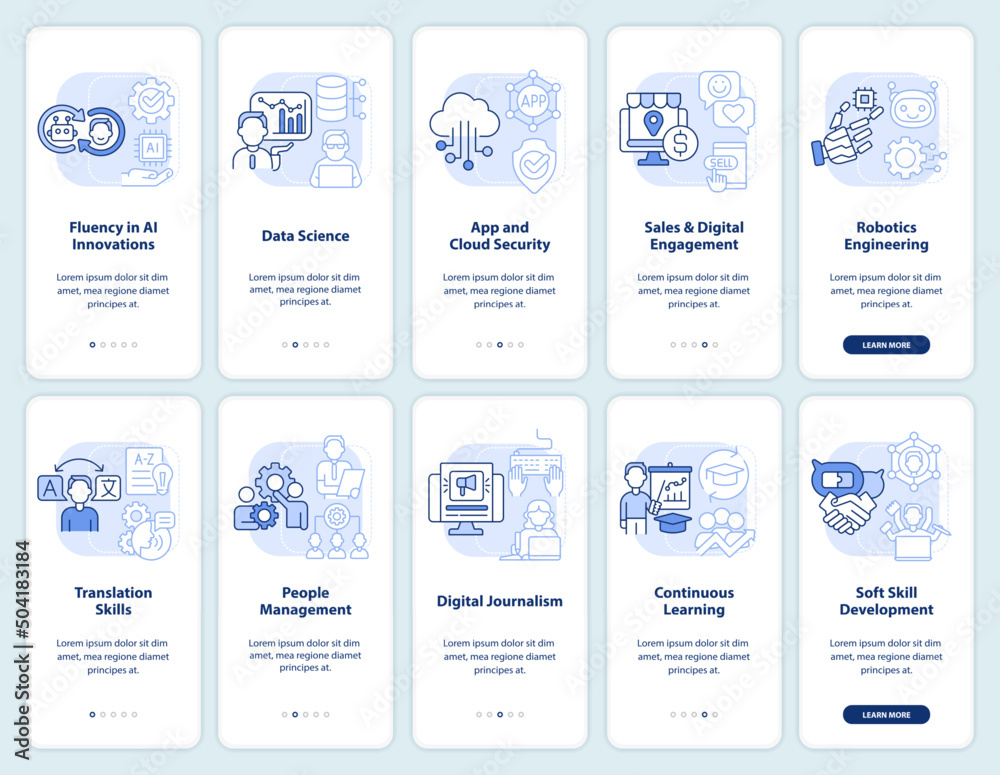 Tech skills and courses light blue onboarding mobile app screen set ...
