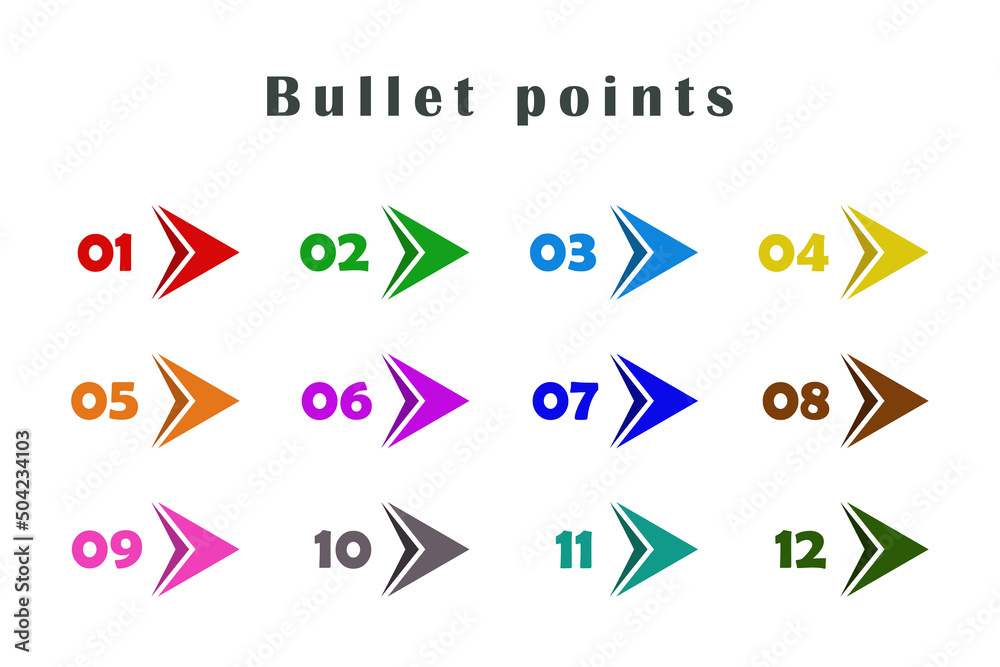 Colorful bullet points arrows, numbers from 1 to 12. Infographics ...