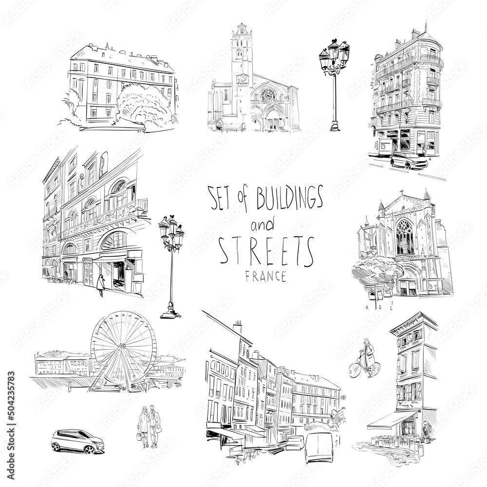 Set of buildings and streets, architectural facade elements hand drawn ...
