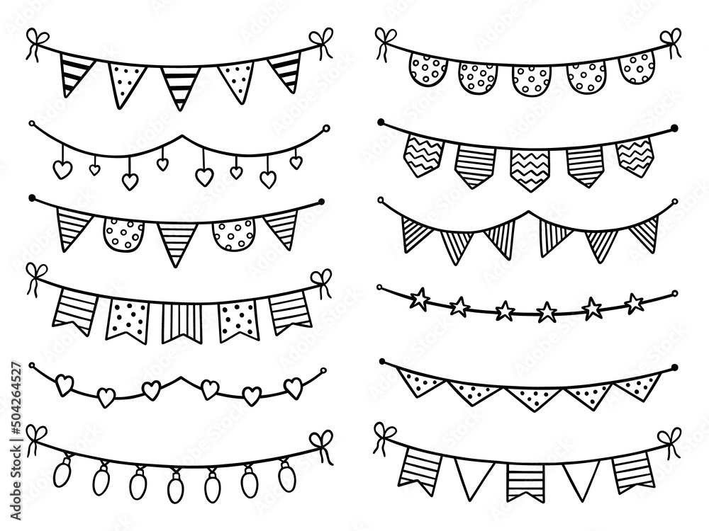Hand drawn set of party bunting flags doodle. Birthday garland in ...