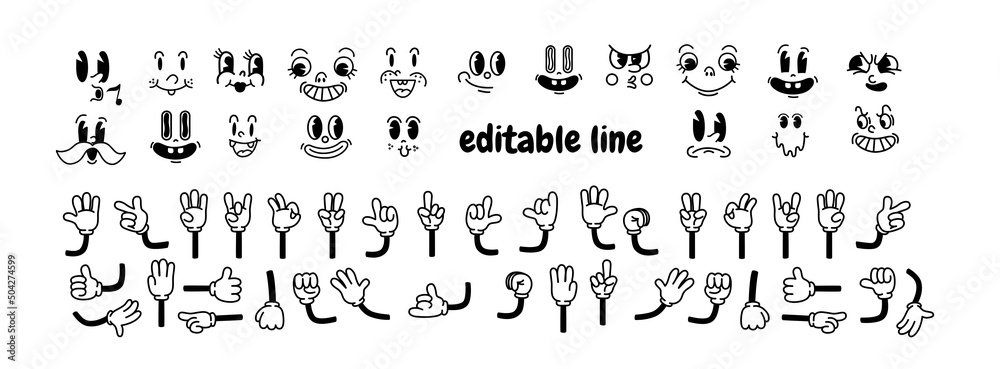 Vintage cartoon hands in gloves and faces. Cute animation character ...