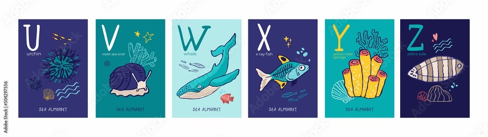 Set of postcards with letters of alphabet, marine symbols isolated on ...