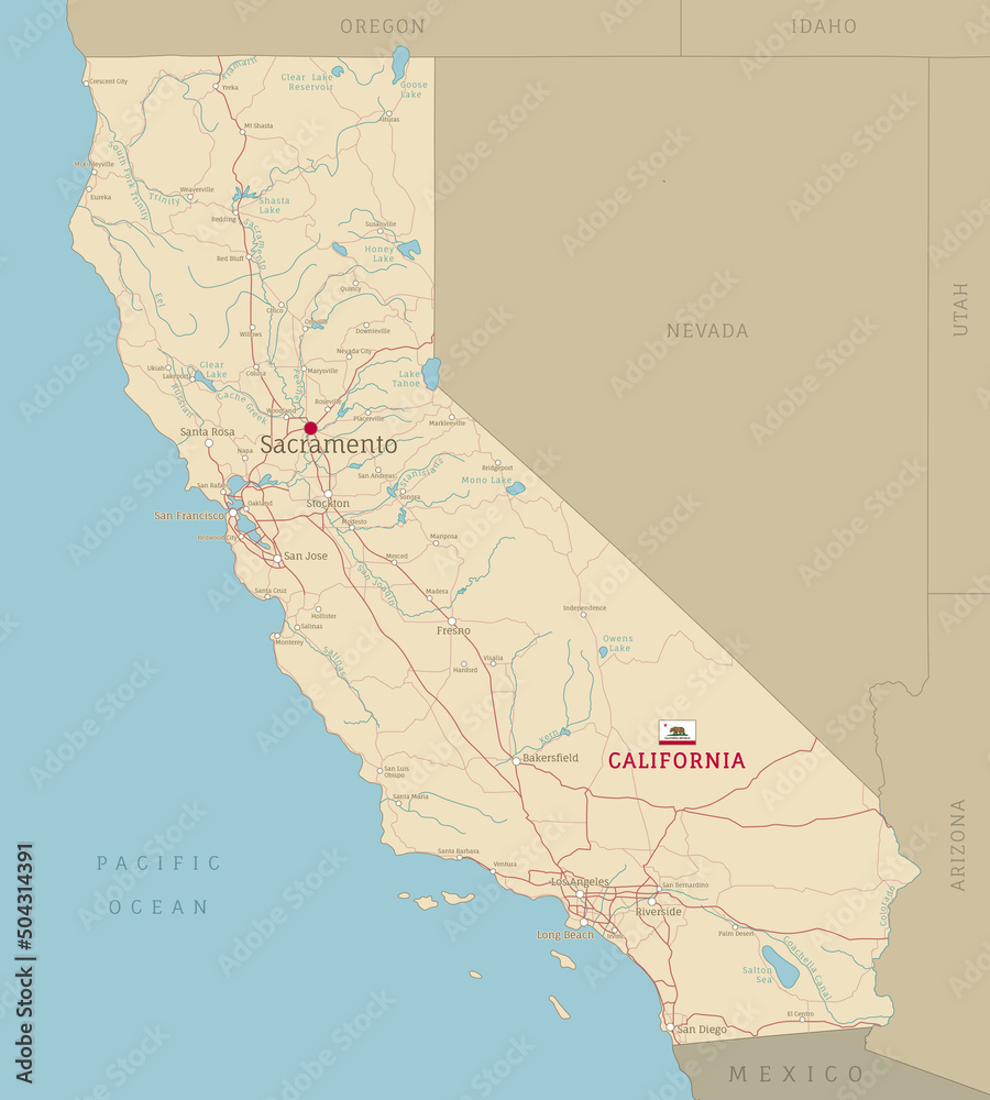 Road map of California, US American federal state. Editable highly ...