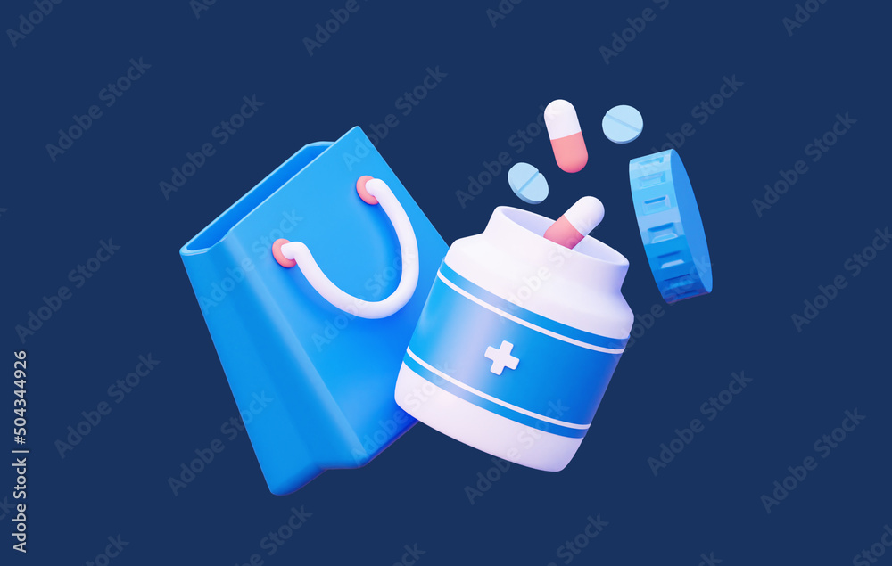 Online purchase of medicines. A bag with an open medical bottle and ...