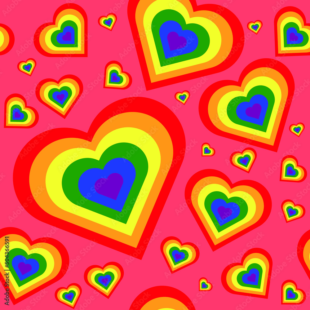 Seamless pattern with rainbow hearts on pink background. Gay pride ...