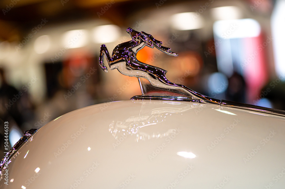 Running deer - the brand logo of the automaker GAZ on bonnet of car Gaz ...