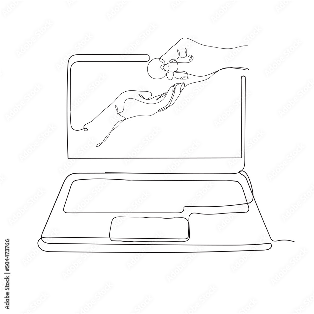 continuous line drawing hand giving and receiving coin on laptop symbol ...