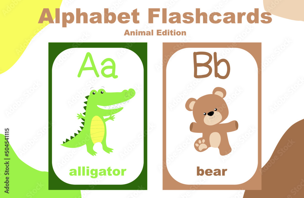 Animal alphabet flashcard. Educational printable flashcard. Vector ...