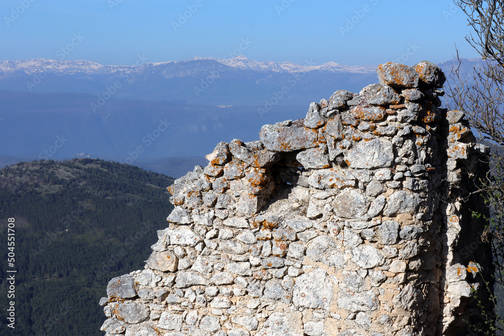 Rocca Calascio, view of ruins of mountaintop medieval fortress at 1512 ...