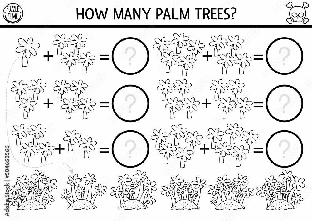 Black and white how many palm trees game. Tropical island line math ...