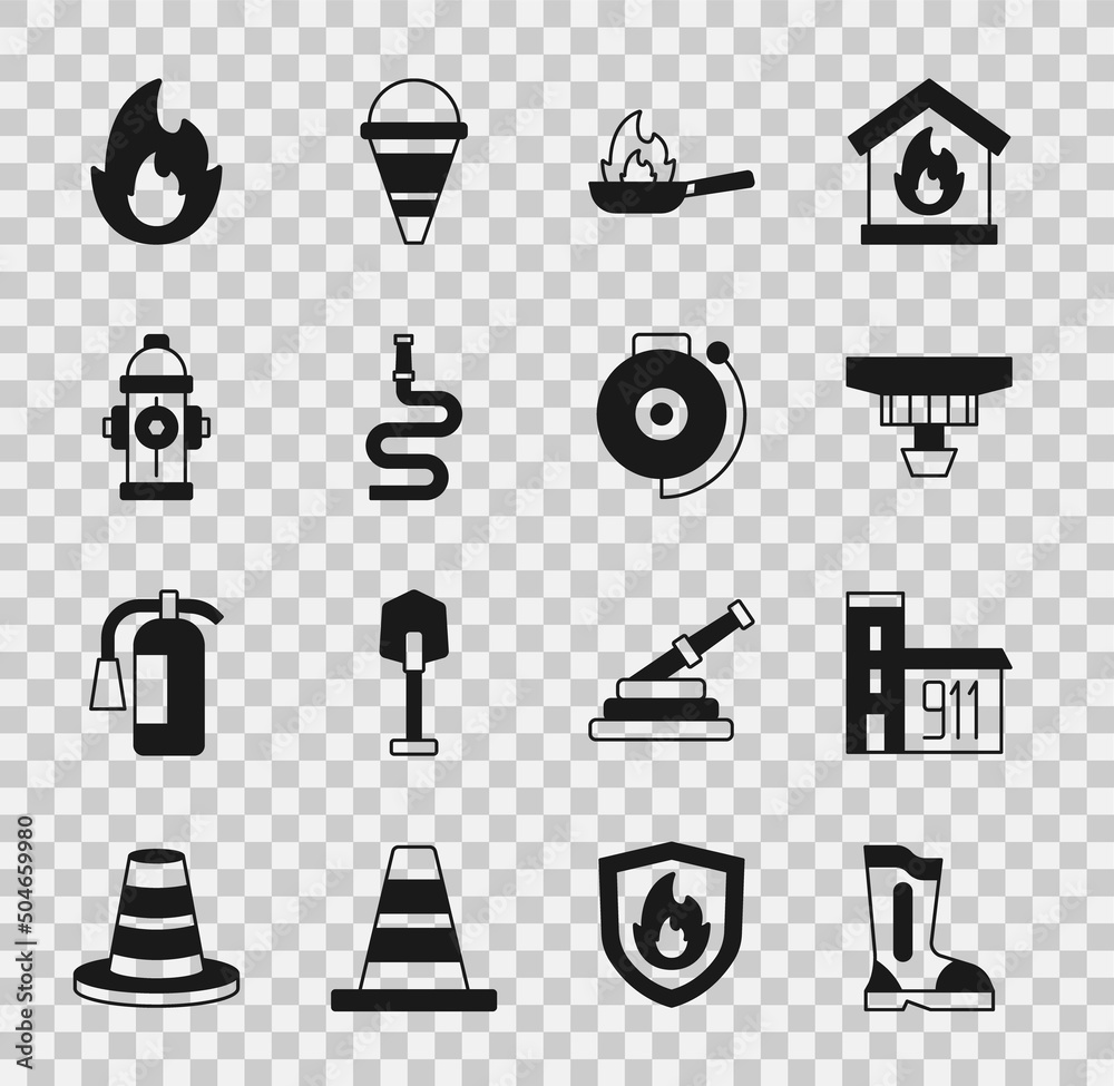 Set Fire boots, Building of fire station, Smoke alarm system, Pan with ...