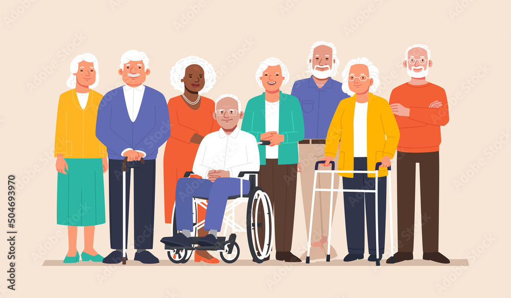 Group of elderly people stand together. Happy seniors, old men and ...