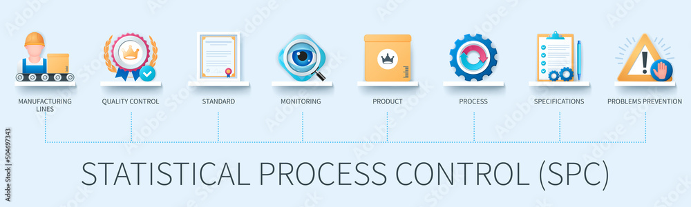 Statistical process control (SPC) banner with icons. Manufacturing ...
