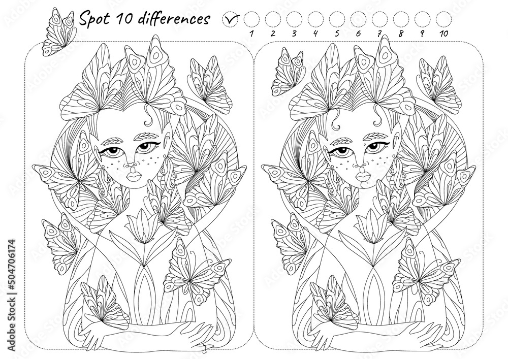 Spot Find the ten differences picture puzzle and coloring page with a ...
