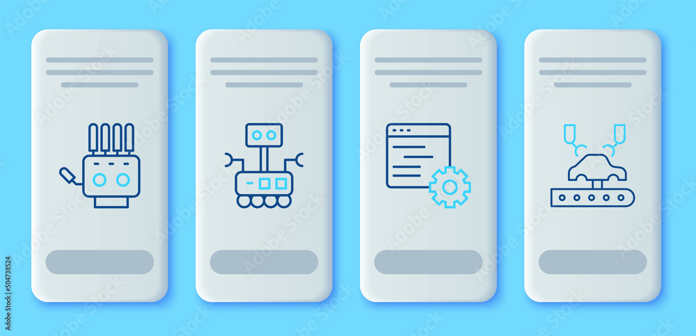 Set line Robot, Computer api interface, Mechanical robot hand and Robotic arm on factory icon ...