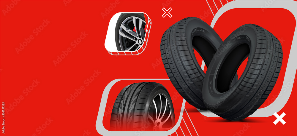 Red poster advertising a set of car wheels. Ready-made poster without ...