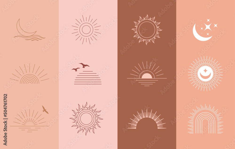 Bohemian linear logos, icons and symbols, sun, arc, moon, wave design ...