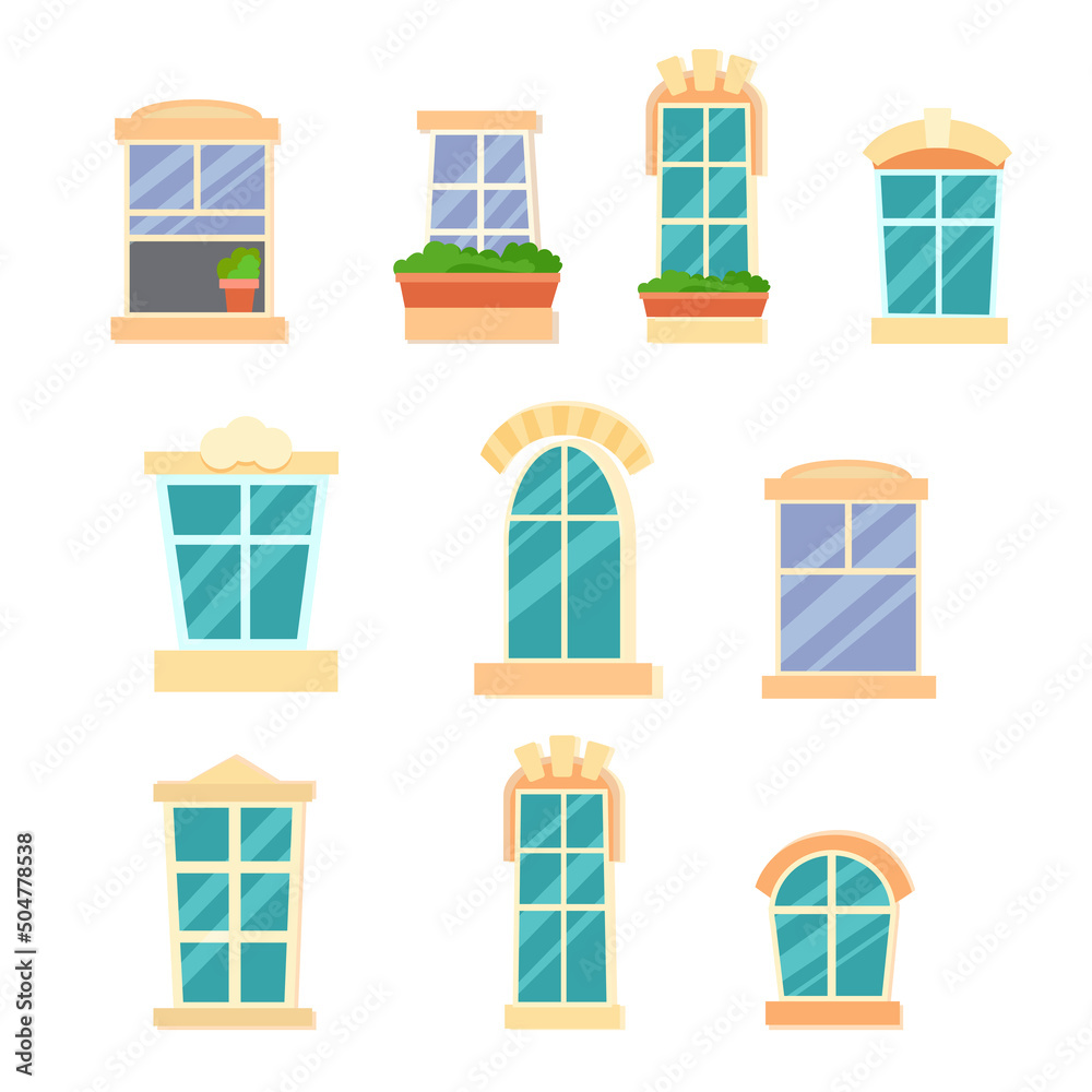 A set of different Windows with a balcony and other details. Interior ...