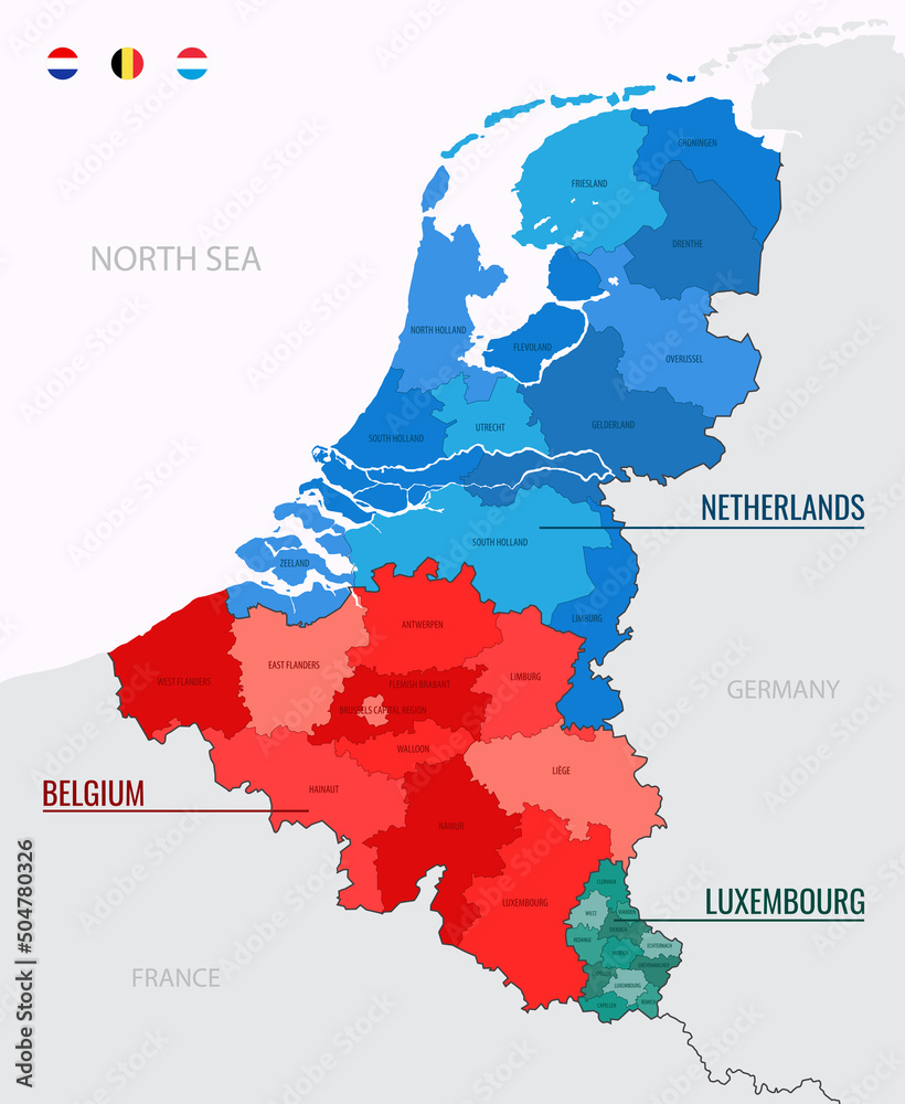 Benelux countries map on europe map, color vector illustration isolated ...