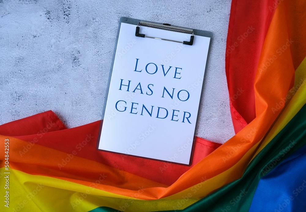 Rainbow flag with text LOVE HAS NO GENDER message paper note. Rainbow ...