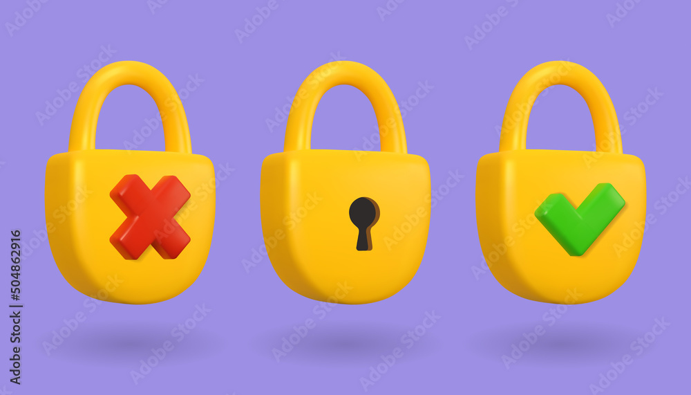 Vector 3d lock open and closed icon. Forgot Password concept. Cartoon render yellow padlock ...