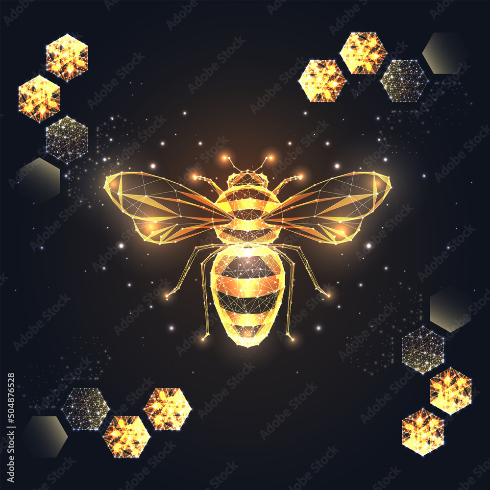 Gold honey bee and of lines, dots, circles and polygons decorated by ...