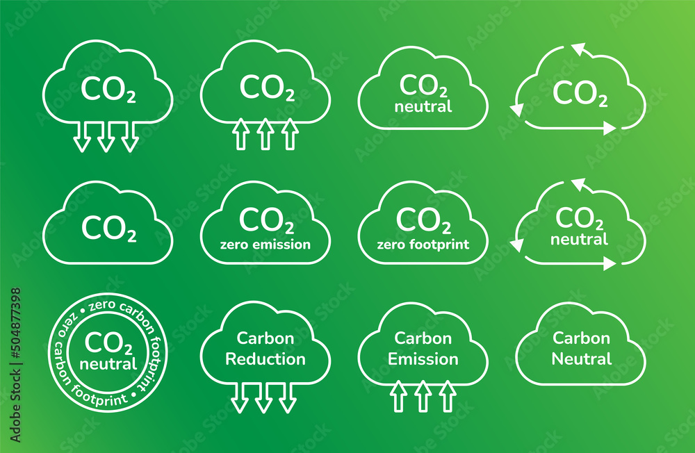 CO2 emission reduction linear style icon set bundle. Zero carbon ...
