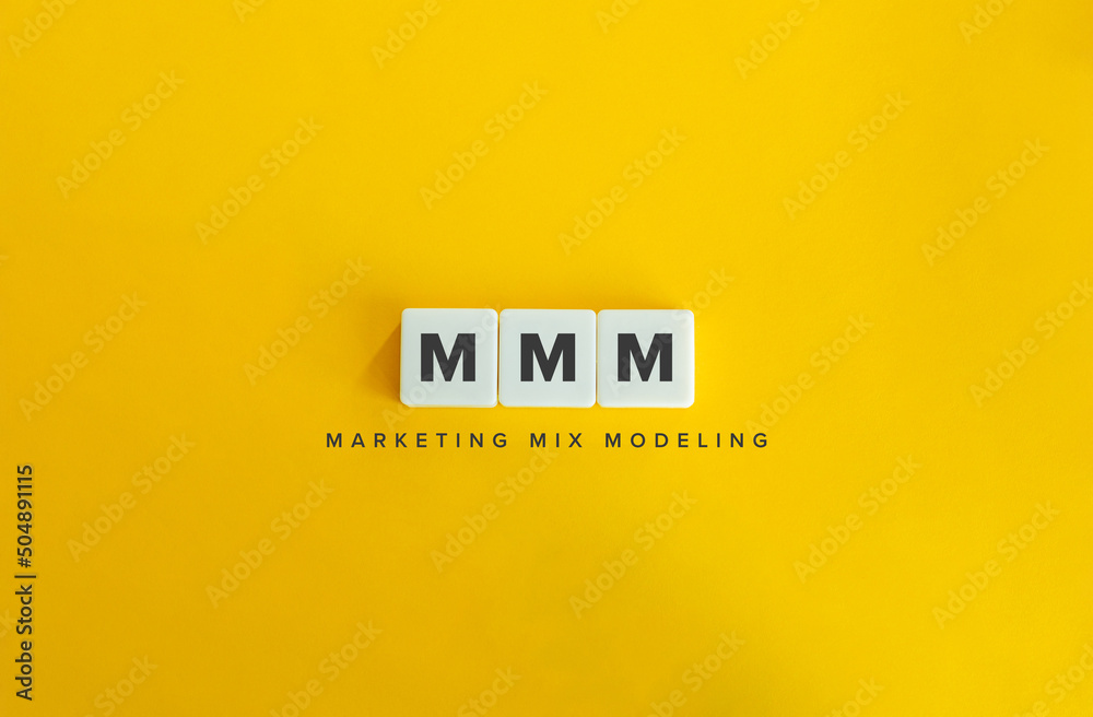 Marketing mix modeling (MMM) Banner. Letter Tiles on Yellow Background ...