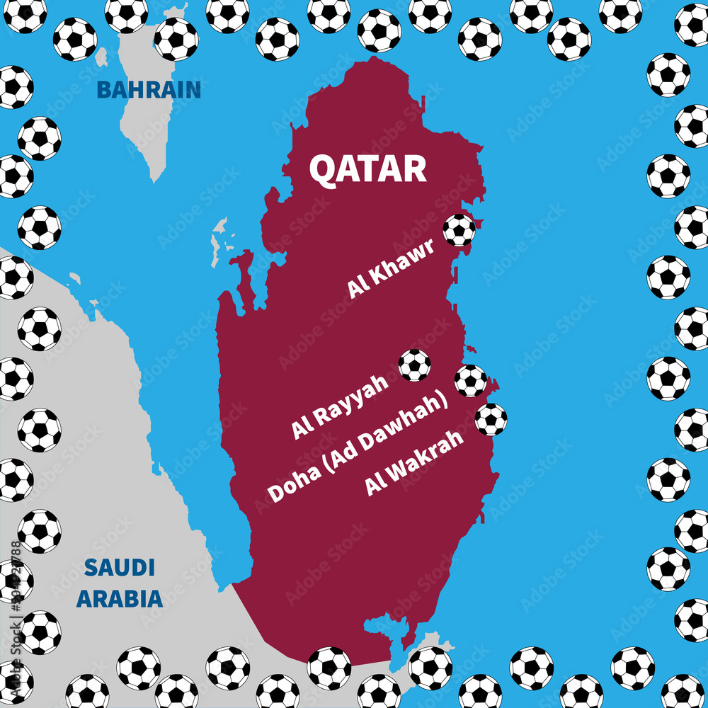 Football poster with soccer balls frame. Maroon color Qatar silhouette ...