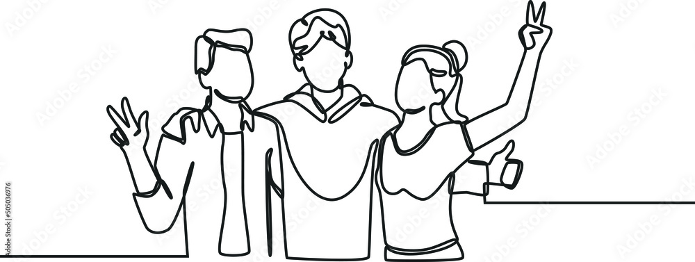 One continuous line drawing of two happy friends posing with their ...