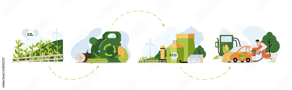 Biofuel life cycle flat vector illustration. Biodiesel or biogas ...