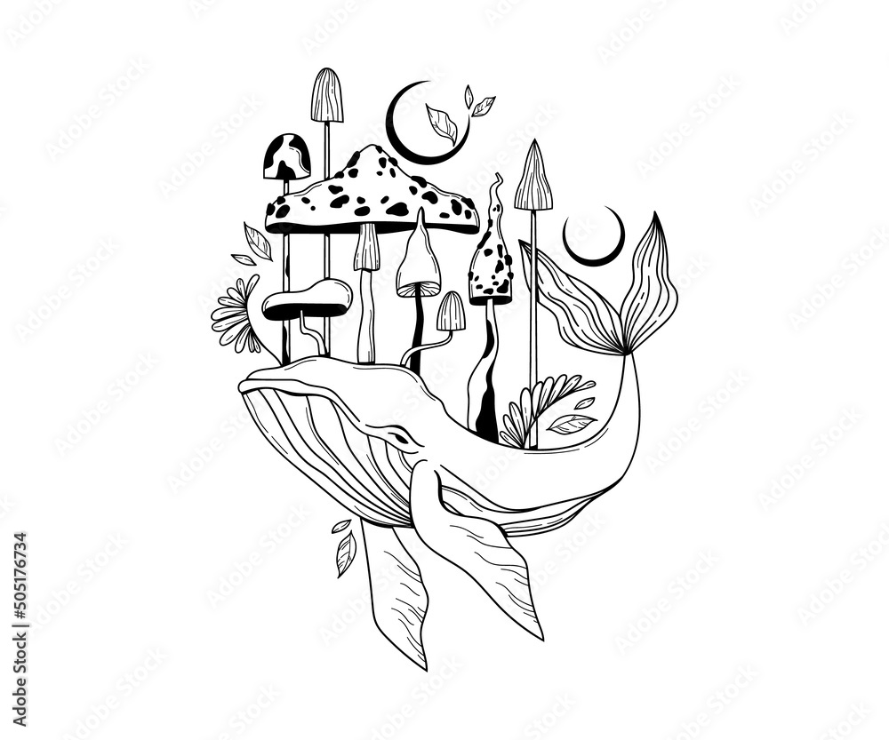 Mystical space whale and magic mushrooms isolated clip art, hand drawn ...