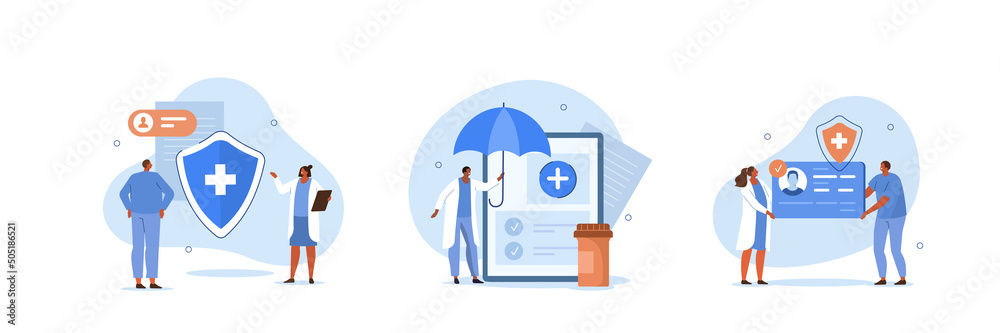 Health insurance illustration set. Doctor offering medical insurance ...