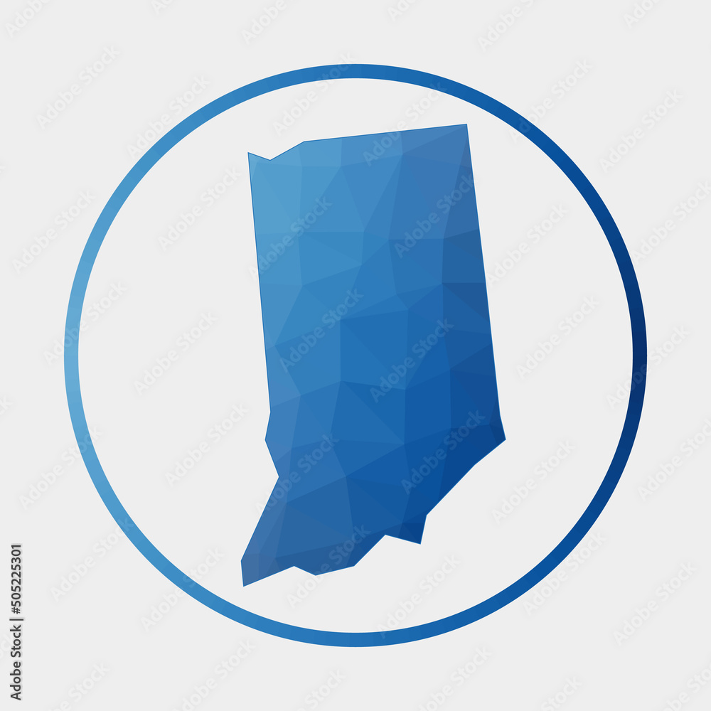 Indiana icon. Polygonal map of the US state in gradient ring. Round low ...