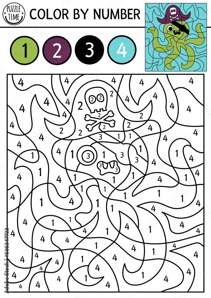 Vector pirate color by number activity with octopus in pirate hat and ...
