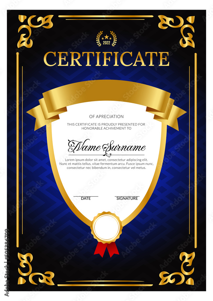 certificate design template with luxury style, blue, black and gold ...