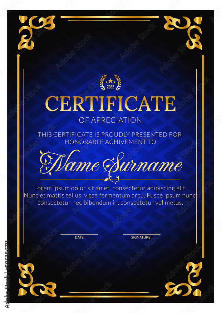 certificate design template with luxury style, blue, black and gold ...